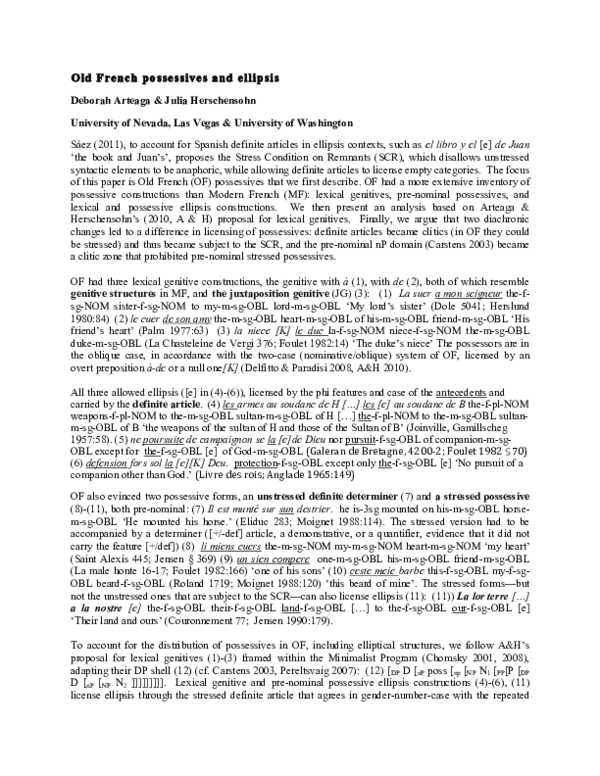 (PDF) Old French possessives and ellipsis | Deborah Arteaga - Academia.edu