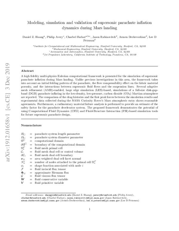 Pdf Modeling Simulation And Validation Of Supersonic Parachute Inflation Dynamics During Mars