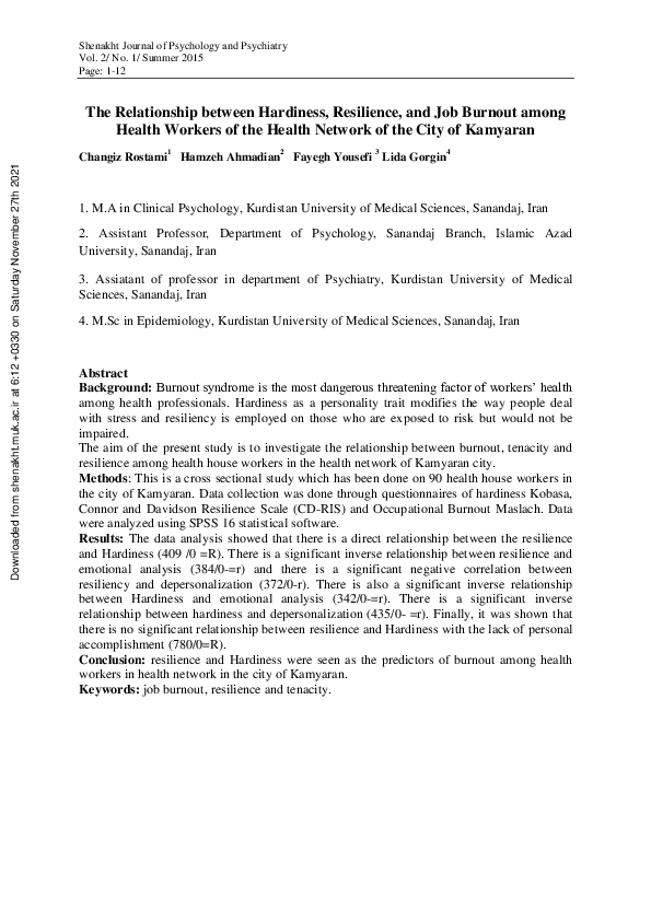 (PDF) The Relationship between Hardiness, Resilience, and Job Burnout ...