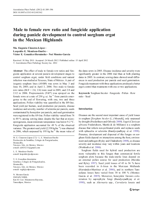 (PDF) Male to female row ratio and fungicide application during panicle ...