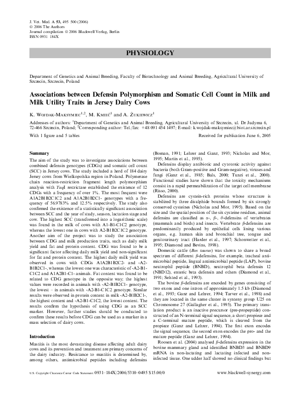 (PDF) Associations between Defensin Polymorphism and Somatic Cell Count ...