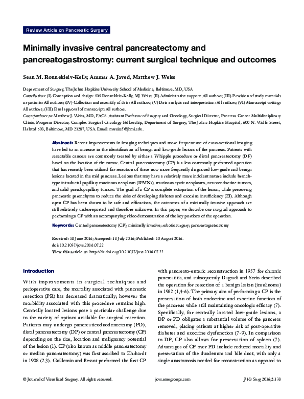 (PDF) Minimally invasive central pancreatectomy and ...