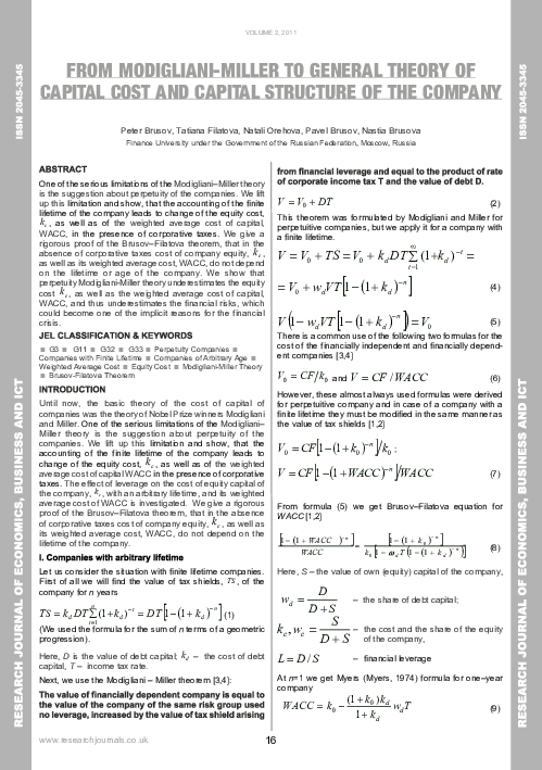 (PDF) From Modigliani–Miller To General Theory Of Capital Cost And ...