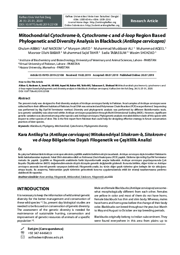 (PDF) Kara Antilop’ta (Antilope cervicapra) Mitokondriyal Sitokrom-b ...