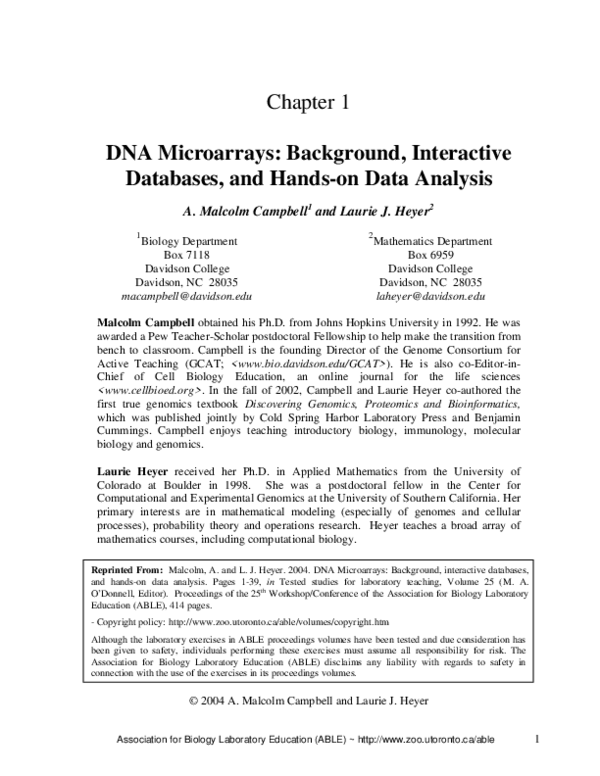 (PDF) DNA Microarrays: Background, Interactive Databases, and Hands-on Data Analysis