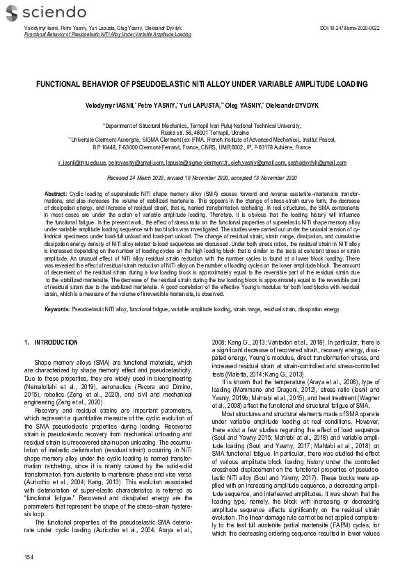 (PDF) Functional Behavior of Pseudoelastic NiTi Alloy Under Variable ...