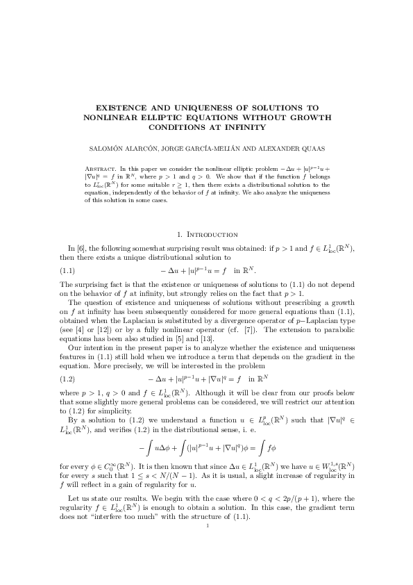 (PDF) Existence and Uniqueness of Solutions to Nonlinear Elliptic Equations Without Growth ...