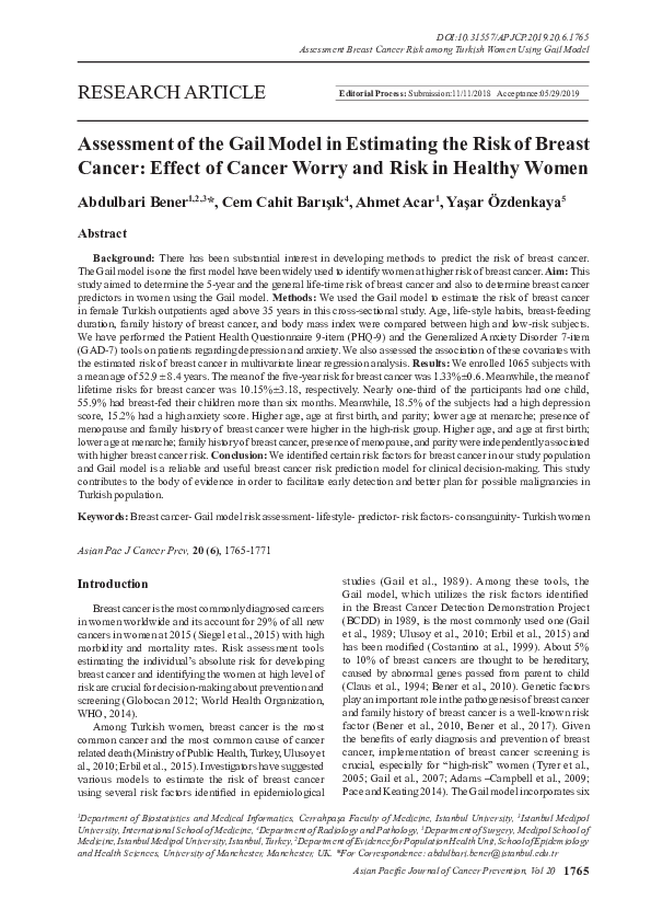 (PDF) Assessment of the Gail Model in Estimating the Risk of Breast ...