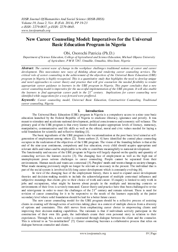 (PDF) New Career Counseling Model: Imperatives for the Universal Basic ...