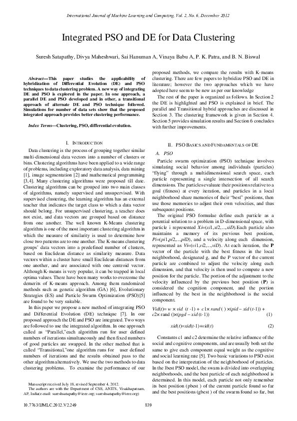 (PDF) Integrated PSO and DE for Data Clustering
