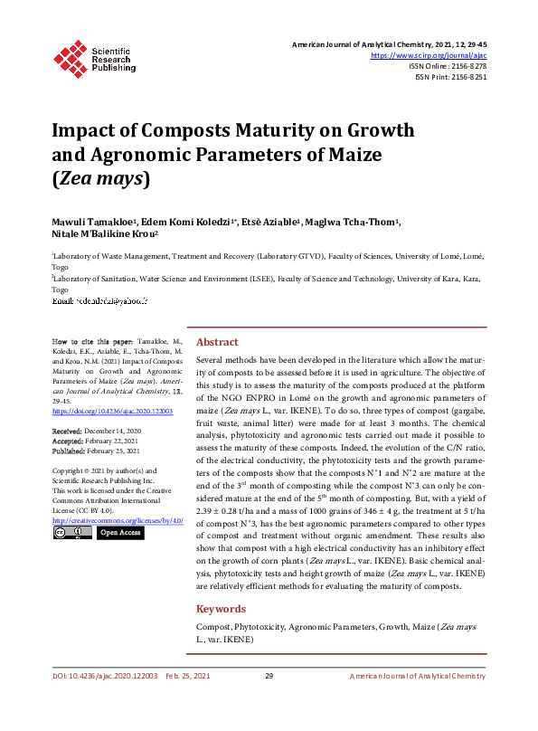(PDF) Impact of Composts Maturity on Growth and Agronomic Parameters of Maize (Zea mays)
