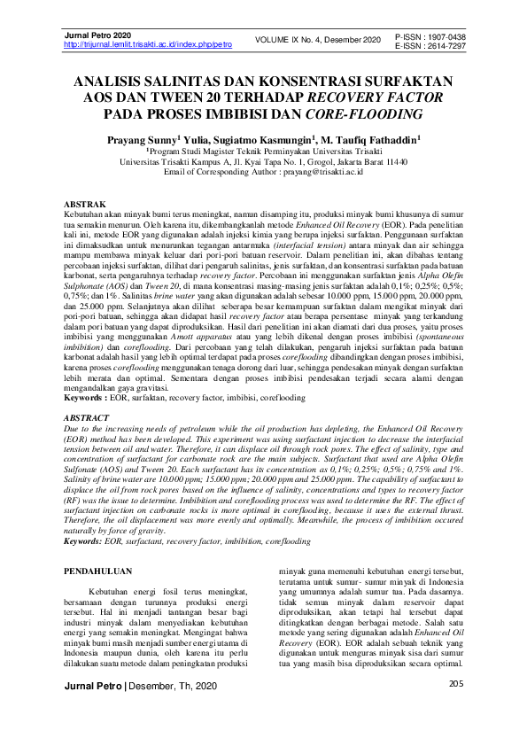 (PDF) Analisis Salinitas Dan Konsentrasi Surfaktan Aos Dan Tween 20 Terhadap Recovery Factor ...