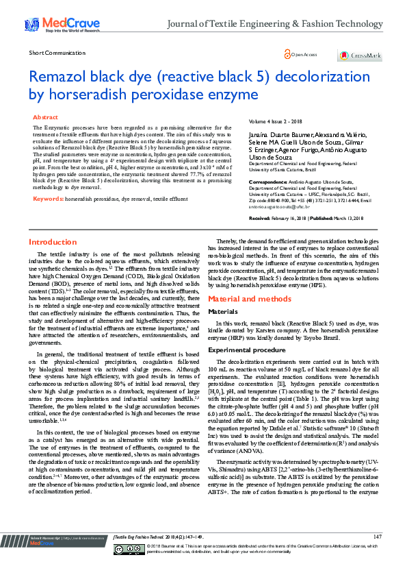 (PDF) Remazol black dye (reactive black 5) decolorization by horseradish peroxidase enzyme