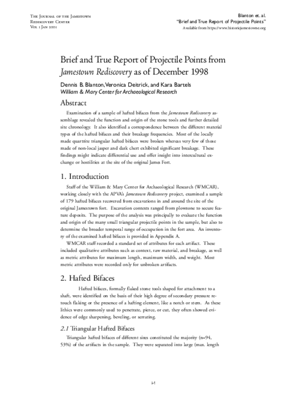 (PDF) Brief and True Report of Projectile Points from Jamestown ...