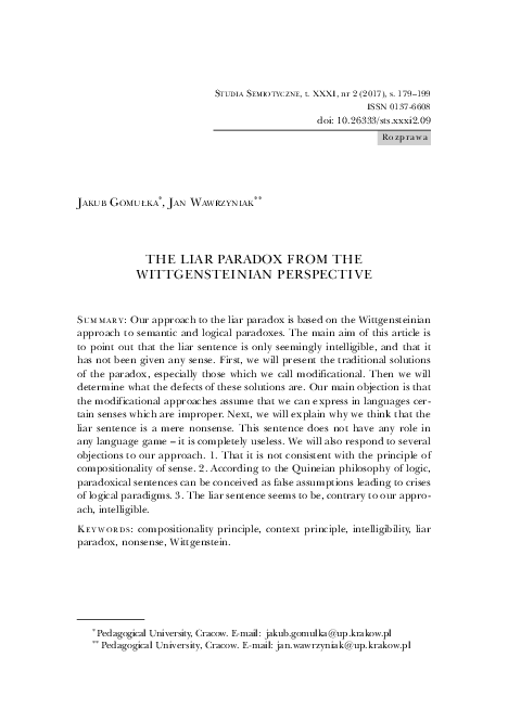 (PDF) The Liar Paradox from the Wittgensteinian Perspective