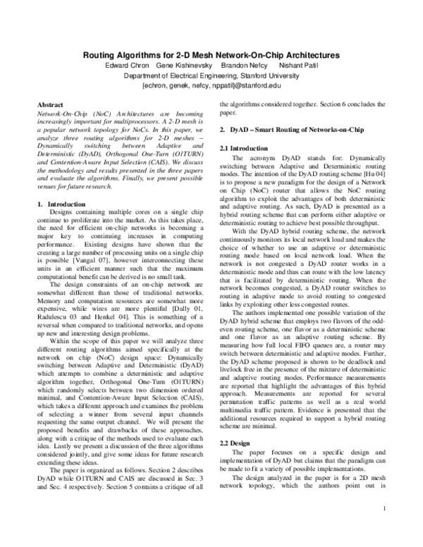 Pdf Routing Algorithms For 2 D Mesh Network On Chip Architectures Edward Chron 1815