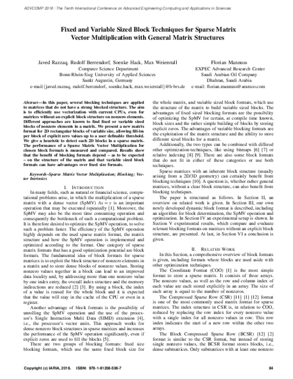 (PDF) Fixed and Variable Sized Block Techniques for Sparse Matrix Vector Multiplication with ...
