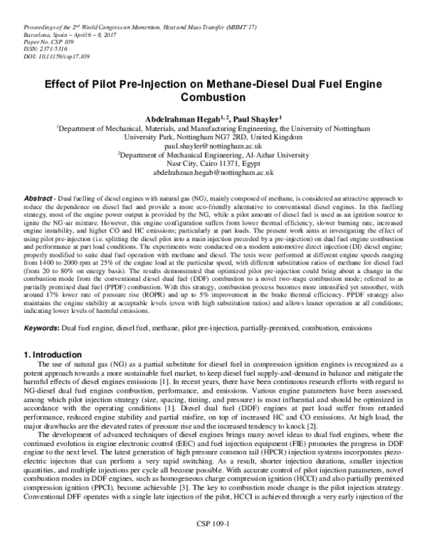 (PDF) Effect of Pilot Pre-Injection on Methane-Diesel Dual Fuel Engine Combustion