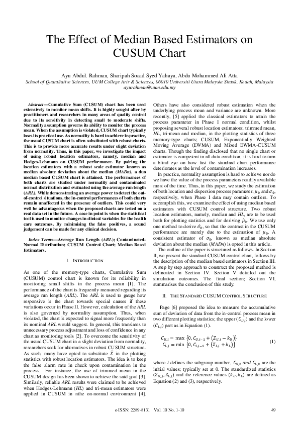 Pdf The Effect Of Median Based Estimators On Cusum Chart