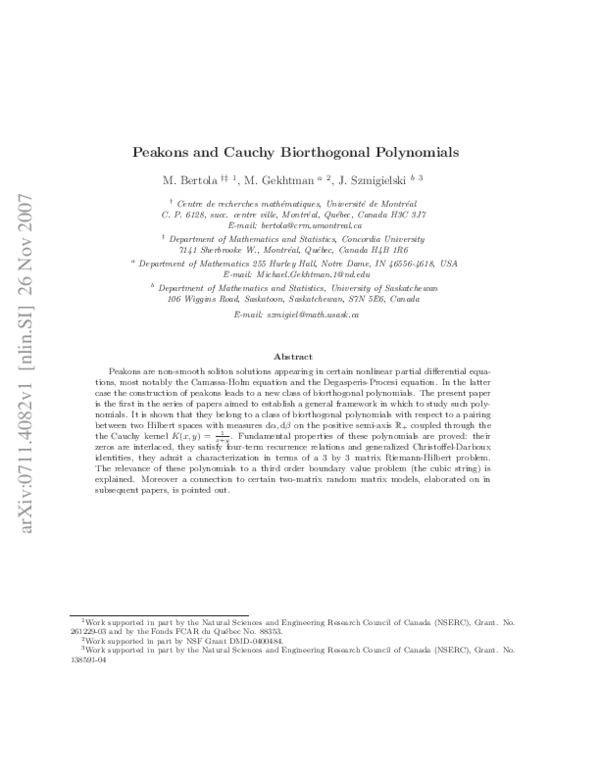 (PDF) N ov 2 00 7 Peakons and Cauchy Biorthogonal Polynomials
