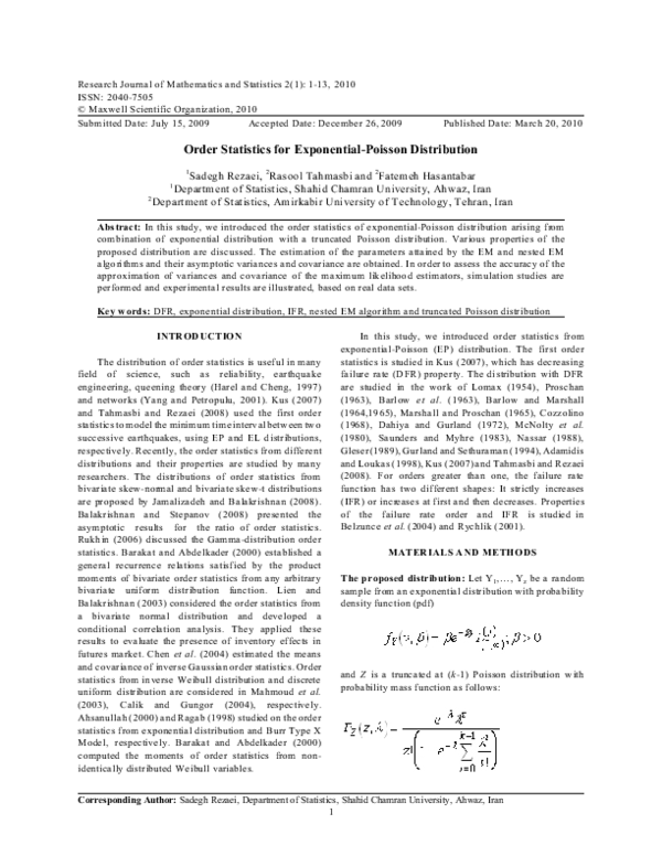 Pdf Order Statistics For Exponential Poisson Distribution