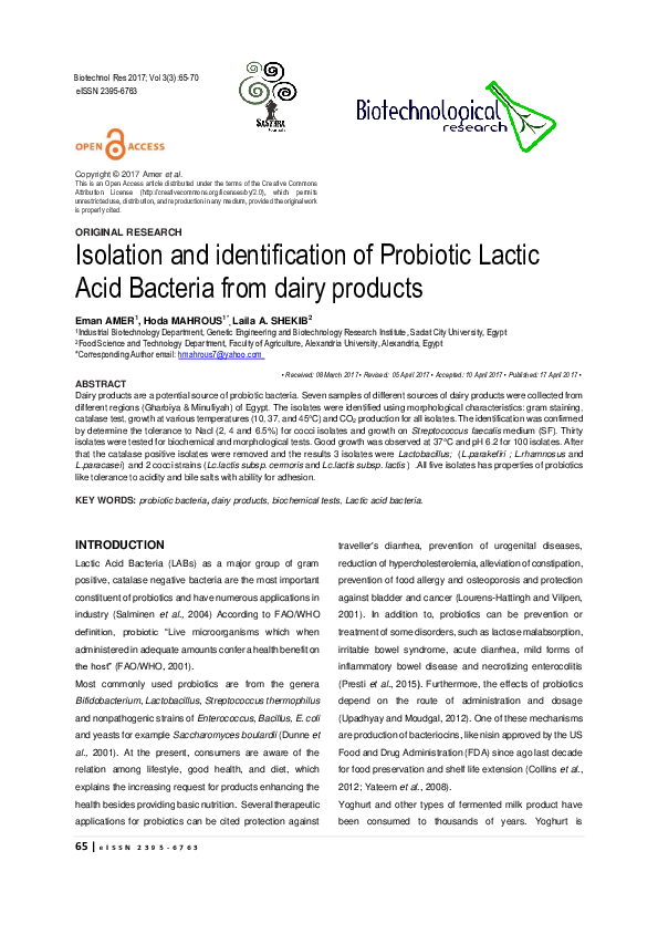 (PDF) Isolation and identification of Probiotic Lactic Acid Bacteria from dairy products