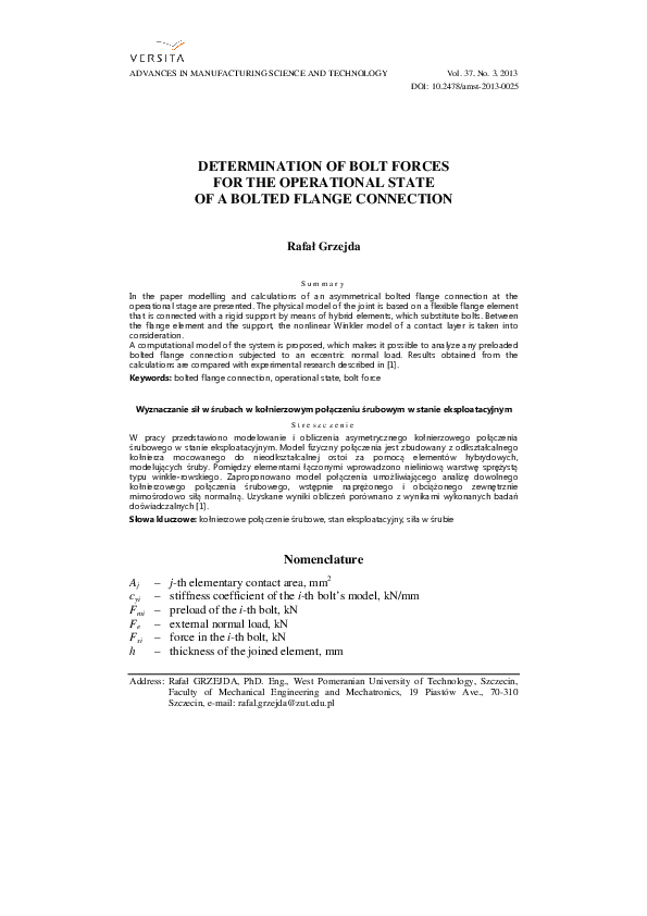 (PDF) Determination of Bolt Forces for the Operational State of a ...