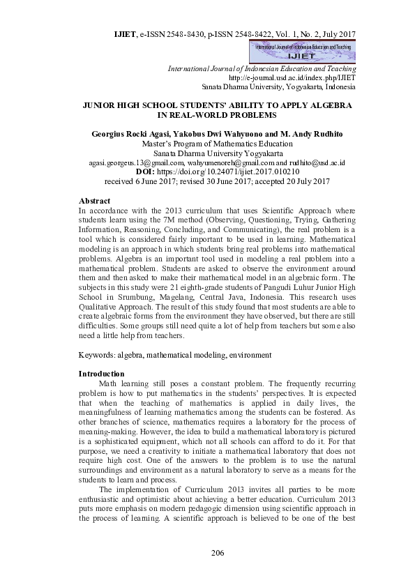 (PDF) Junior High School Students’ Ability to Apply Algebra in Real ...