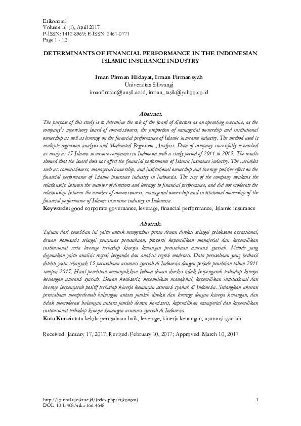 (PDF) Determinants of Financial Performance in The Indonesian Islamic Insurance Industry