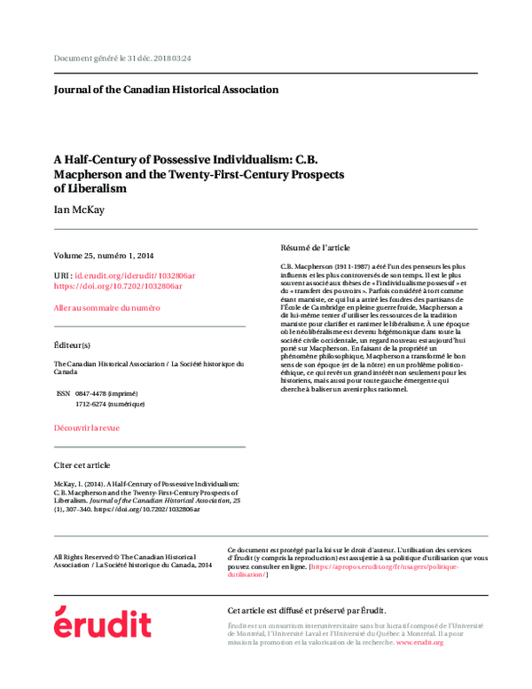 (PDF) A Half-Century of Possessive Individualism: C.B. Macpherson and ...