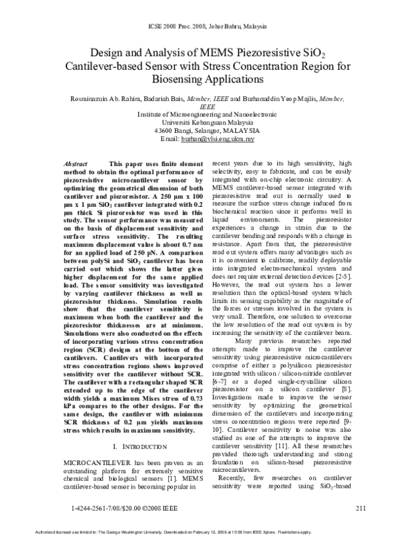 (PDF) Design and analysis of MEMS piezoresistive SiO2 cantilever-based sensor with stress ...