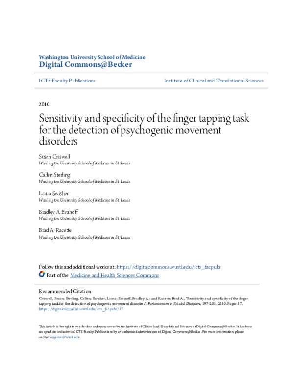 (PDF) Sensitivity and Specificity of Finger Tapping Test Scores for the ...