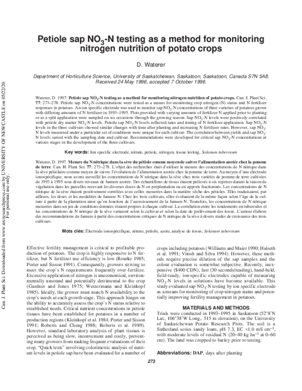 (PDF) Petiole sap NO 3 -N testing as a method for monitoring nitrogen ...