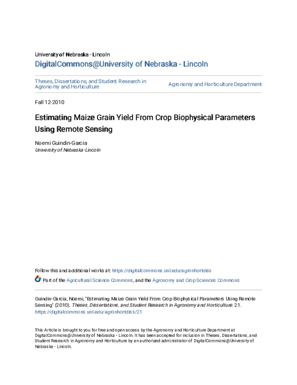 (PDF) Estimating maize grain yield from crop biophysical parameters using remote sensing