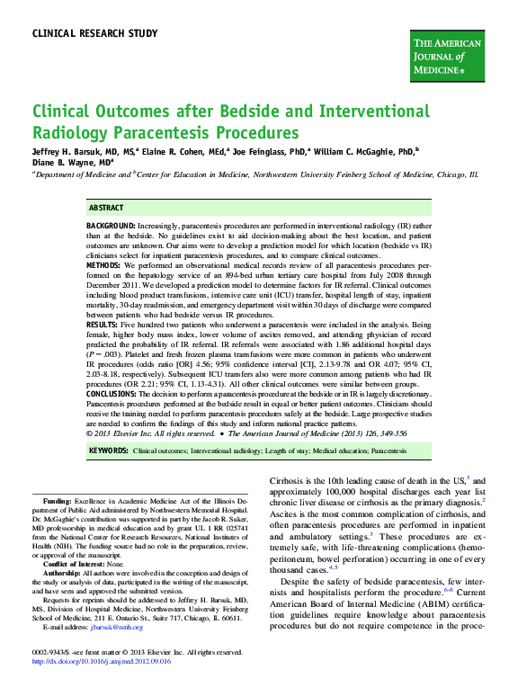 (PDF) Clinical Outcomes after Bedside and Interventional Radiology ...