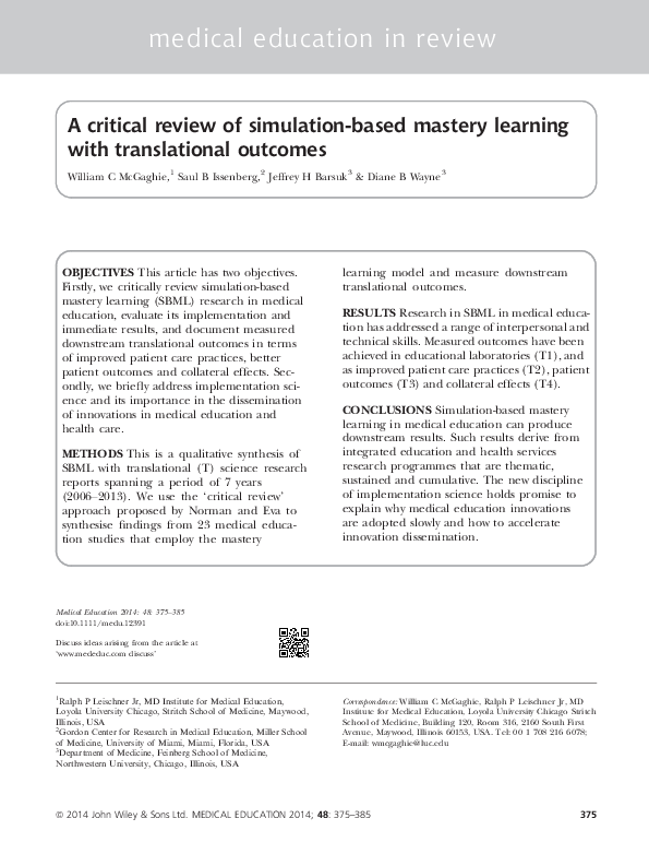 Pdf A Critical Review Of Simulation Based Mastery Learning With