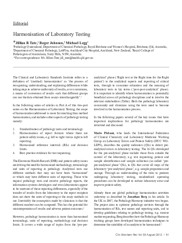 (PDF) Harmonisation of laboratory testing