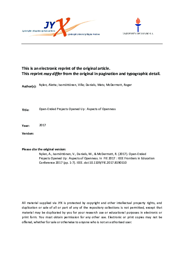 (PDF) Open-ended projects opened up — aspects of openness
