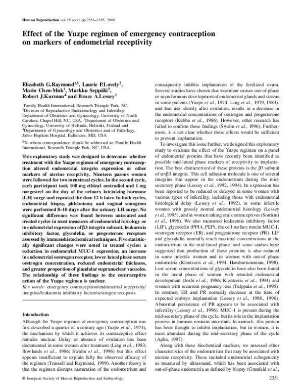 (PDF) Effect of the Yuzpe regimen of emergency contraception on markers ...