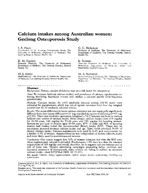 (PDF) Calcium Intake Deficiency in Australian Women: Geelong Study