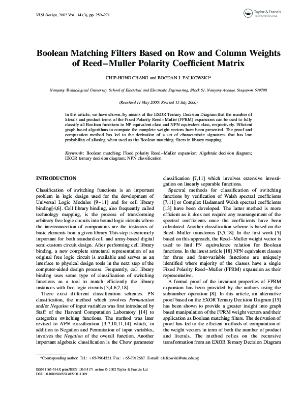 Pdf Boolean Matching Filters Based On Row And Column Weights Of Reed Muller Polarity