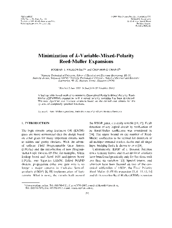 (PDF) Minimization of k-Variable-Mixed-Polarity Reed-Muller Expansions | Chip Hong Chang ...