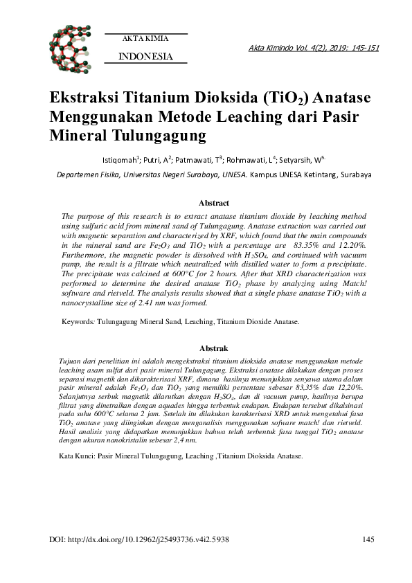 (PDF) Ekstraksi Titanium Dioksida (TiO2) Anatase Menggunakan Metode ...