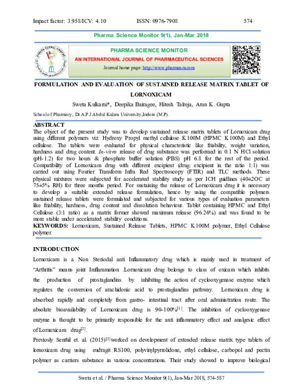 Pdf Formulation And Evaluation Of Sustained Release Matrix Tablet Of