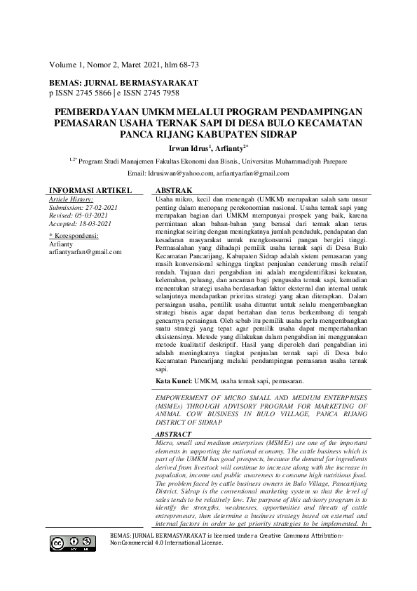 (PDF) Pemberdayaan Umkm Melalui Program Pendampingan Pemasaran Usaha Ternak Sapi DI Desa Bulo ...