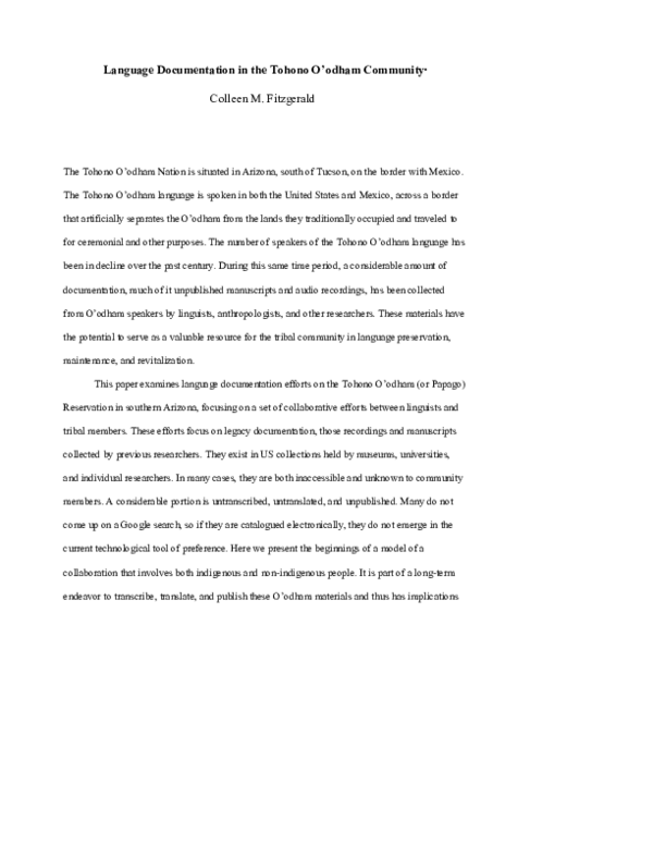 (PDF) Language documentation in the Tohono O’odham community