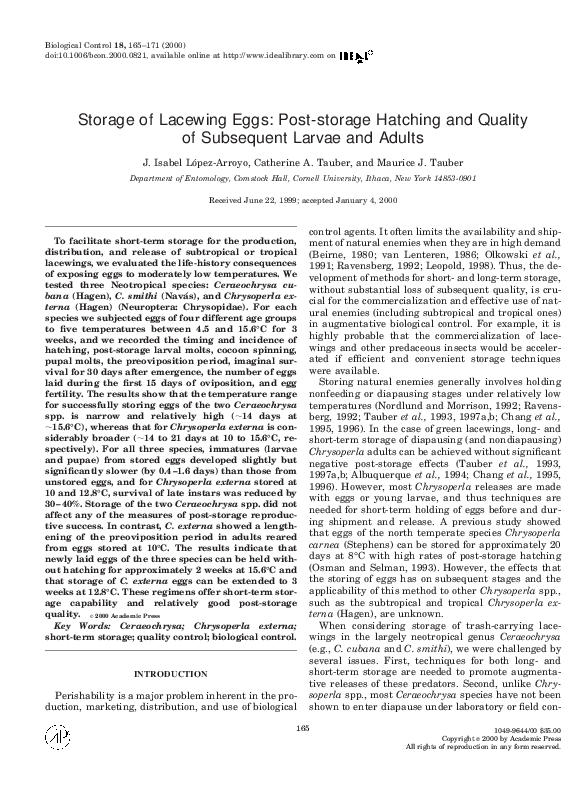 (PDF) Storage of Lacewing Eggs: Post-storage Hatching and Quality of ...
