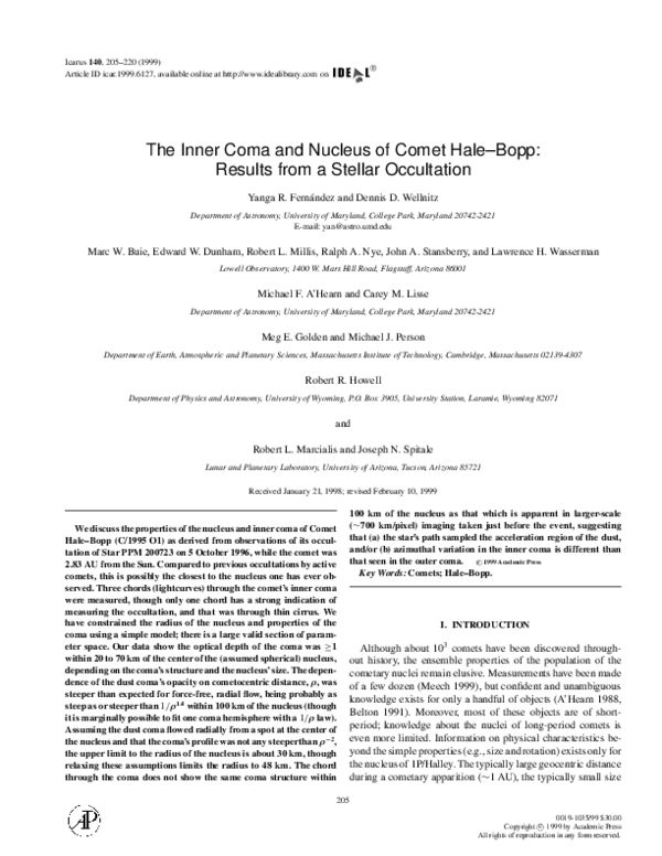 (PDF) The Inner Coma and Nucleus of Comet Hale?Bopp: Results from a Stellar Occultation | Carey ...