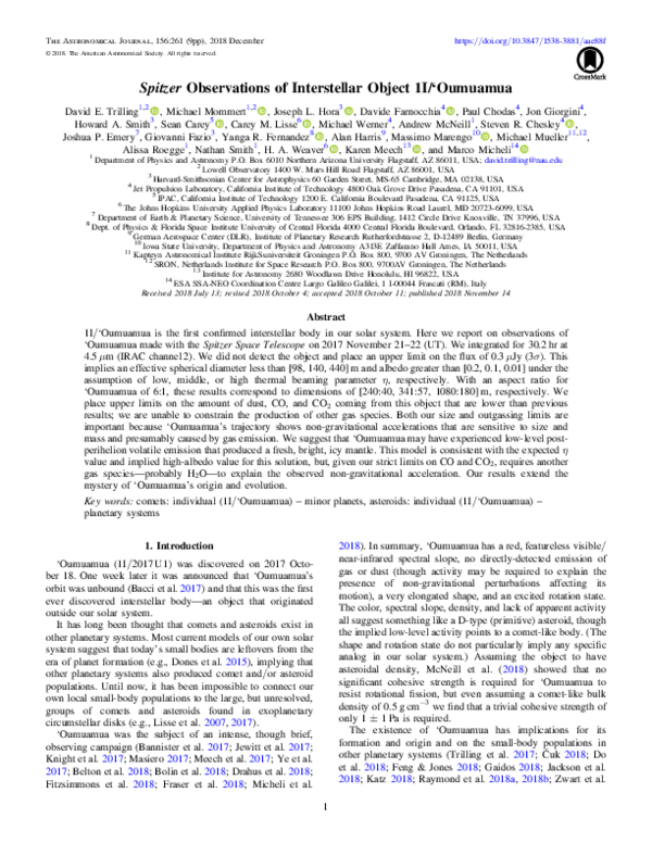 (PDF) Spitzer Observations of Interstellar Object 1I/‘Oumuamua