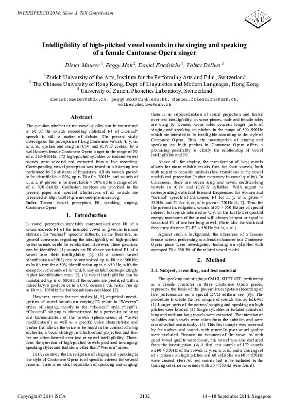 (PDF) Intelligibility of high-pitched vowel sounds in the singing and ...